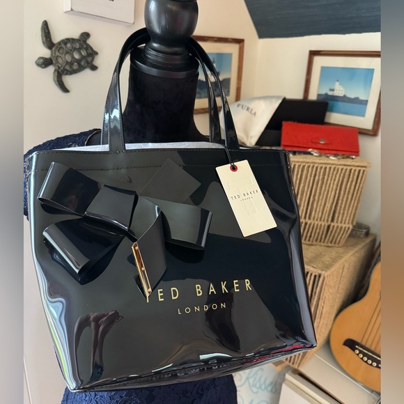 Ted Baker | Bags | Ted Baker Black Glossy Tote With Bow Detail | Poshmark